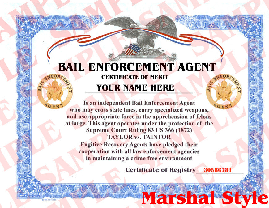 Bail Enforcement Agent Certificate - Marshall - MaxArmory